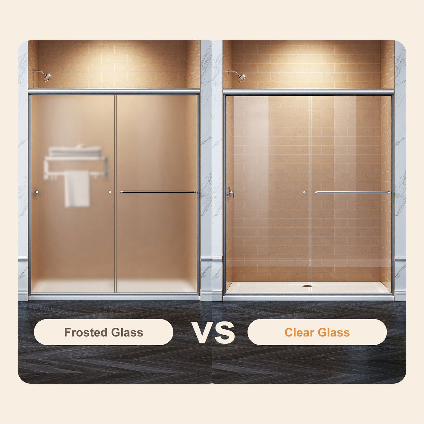 SUNNY SHOWER 1/4 inch Semi-Frameless Frosted Glass Double Sliding Shower Doors - SUNNY SHOWER